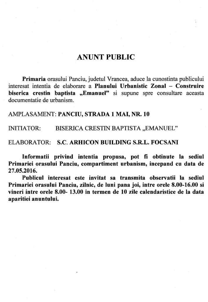 Anunt consultare PUZ - Primăria Panciu